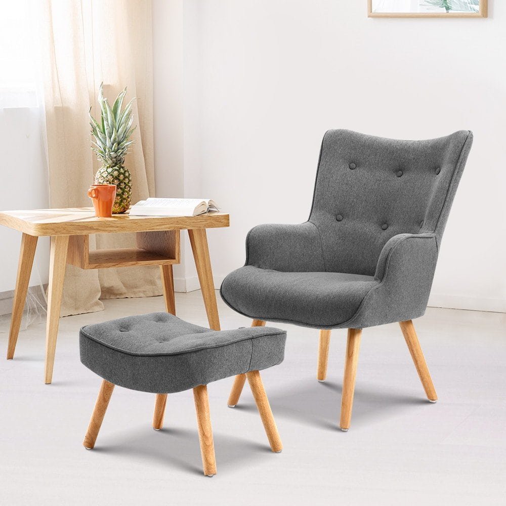 Accent Armchair - Grey Fabric Rubber Wood - Touch of Scandi